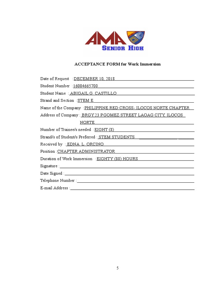 ACCEPTANCE FORM For Work Immersion | PDF | Blood Donation | Centrifuge