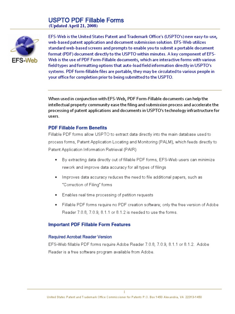 USPTO PDF Fillable Forms: (Updated April 21, 2008) | PDF | United ...