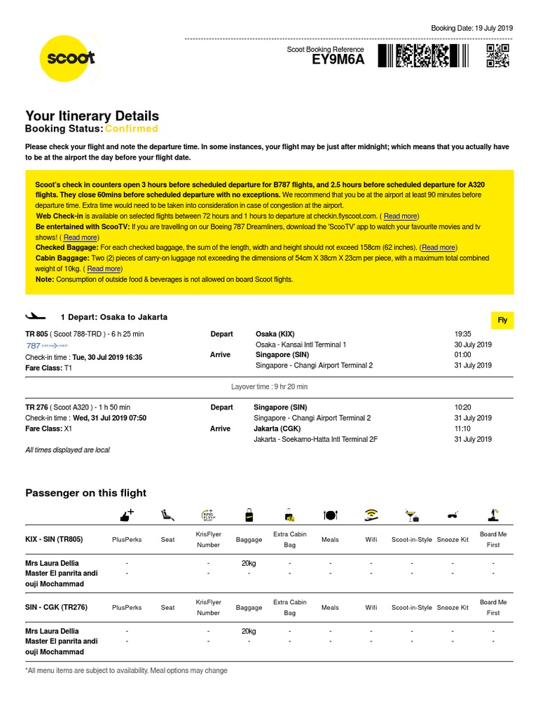 Itinerary - EY9M6A Scoot | Download Free PDF | Payments | Baggage