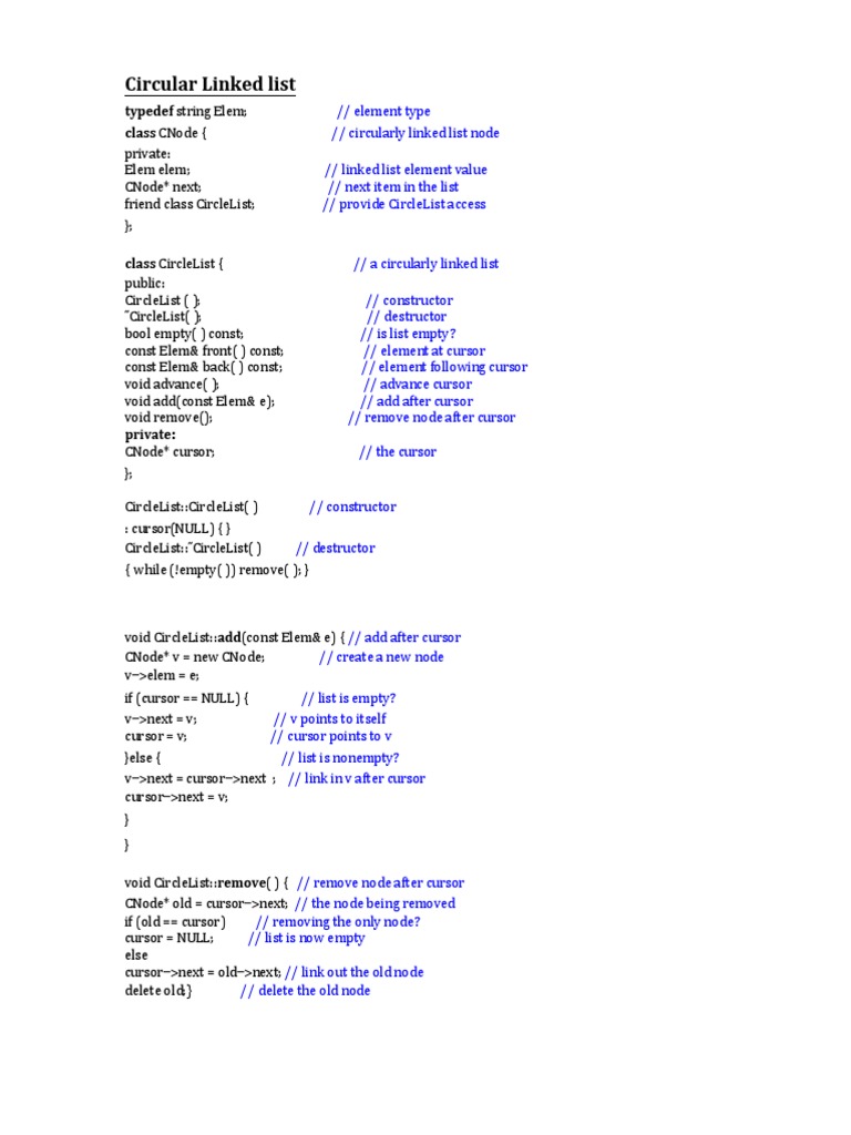 Circular Linked List: Typedef String Elem Class Cnode ( | PDF