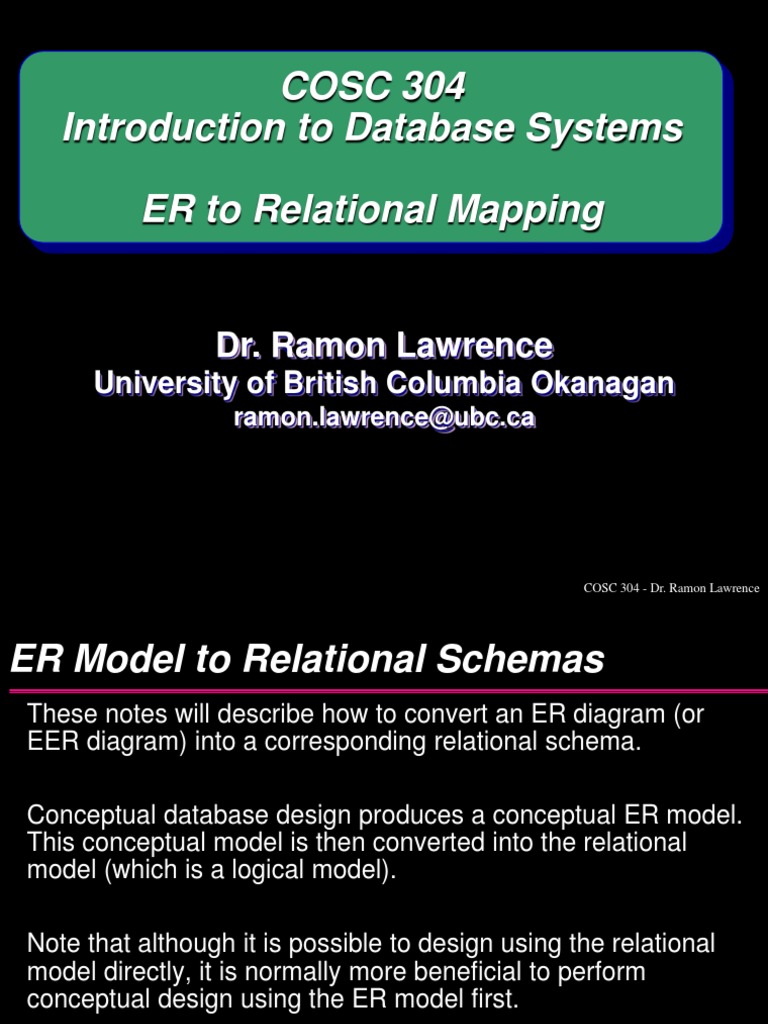 COSC 304 Introduction To Database Systems ER To Relational Mapping | Download Free PDF ...