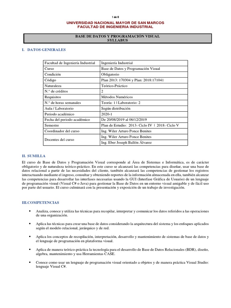 Silabo BD - PV 2020-1 | PDF | Base de datos relacional | SQL