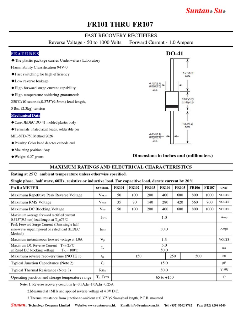 Diodo FR107 Datasheet | PDF | Rectifier | Capacitor