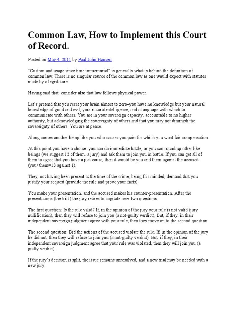Common Law, How To Implement This Court of Record. | PDF | Common Law ...