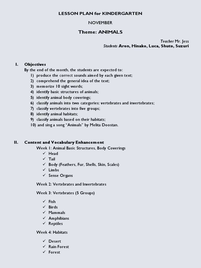 Theme: ANIMALS: Lesson Plan For Kindergarten | PDF | Organisms | Nature