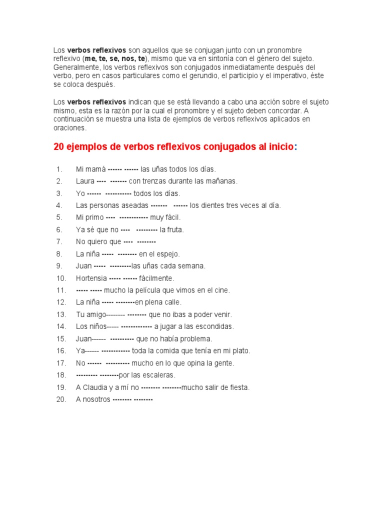 Los Pronombres Reflexivos Ejercicios 8 Grado | PDF | Verbo | Asunto (gramática)