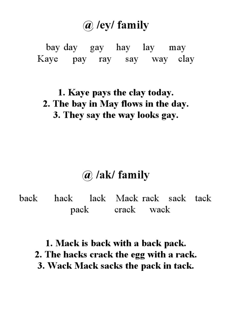 Bay Day Gay Hay Lay May Kaye Pay Ray Say Way Clay: at /ey/ Family | PDF