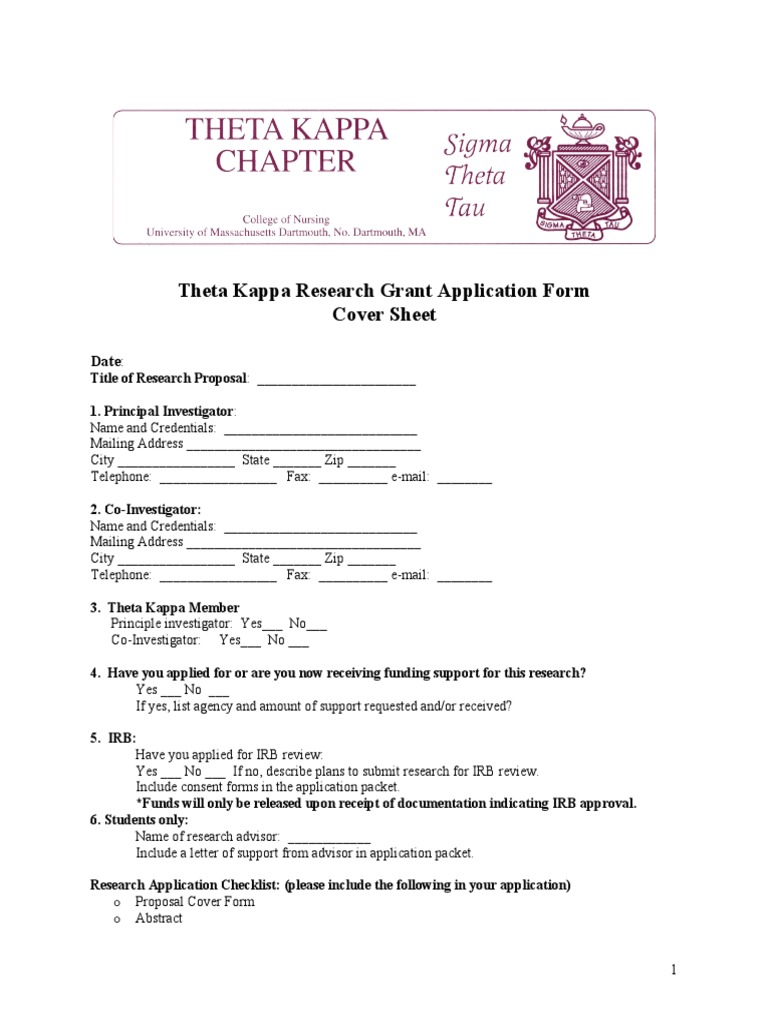 Theta Kappa Research Grant Application Form Cover Sheet: Date | PDF ...