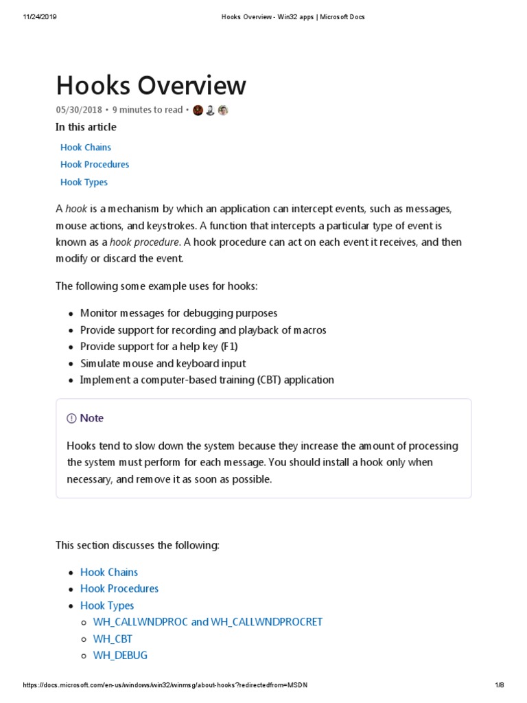Hooks Overview - Win32 Apps - Microsoft Docs | Download Free PDF | Subroutine | Thread (Computing)