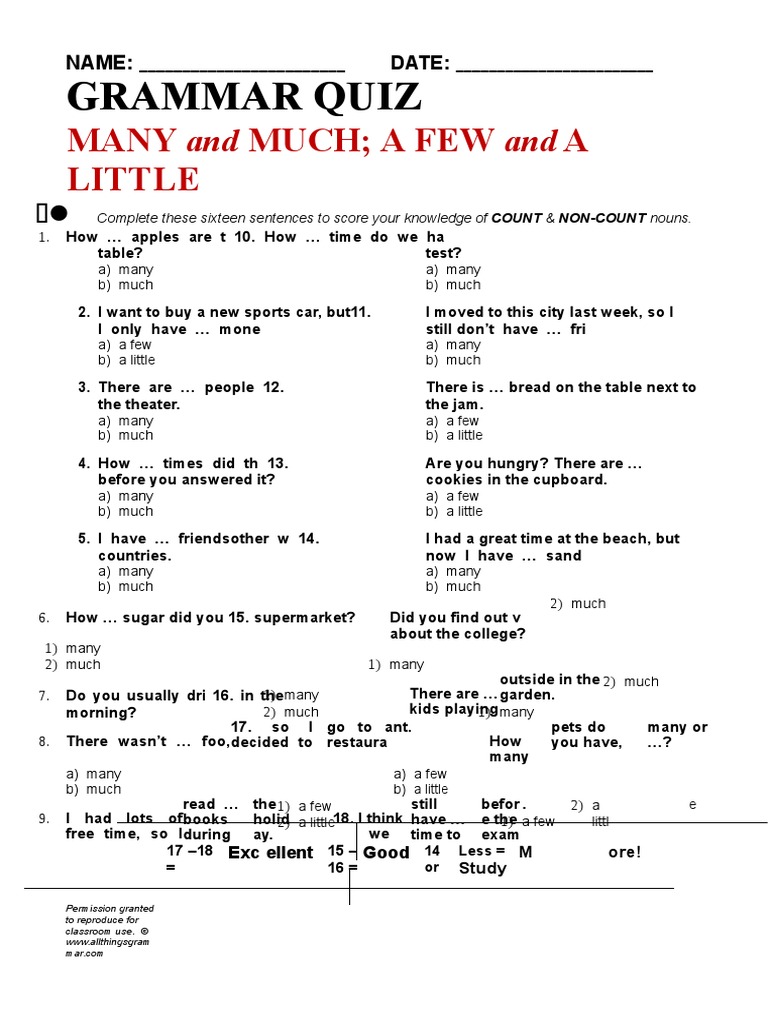 Grammar Quiz: Many Much A Few A Little | PDF | Linguistics | Linguistic ...