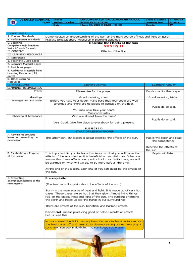 Describe The Effects of The Sun: Detailed Learning Plan | PDF ...