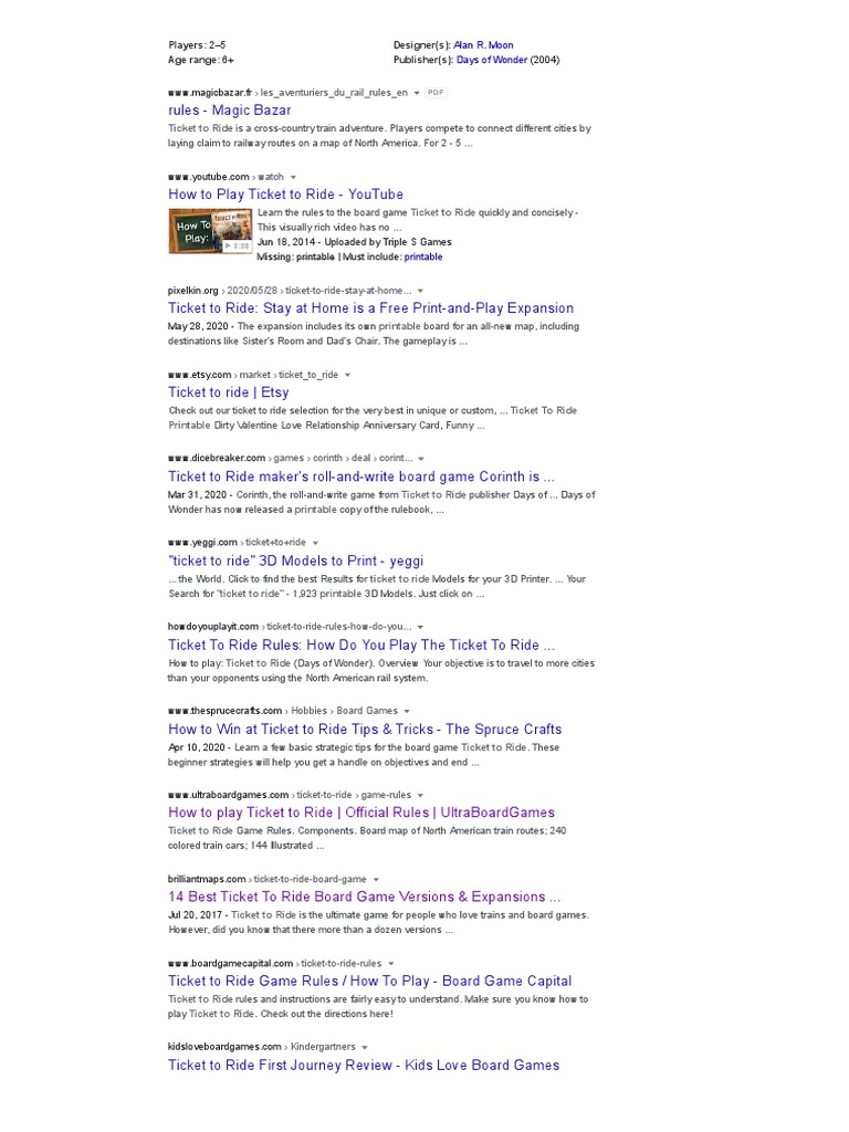 Printable Ticket to Ride Rules and Tips | PDF | Entertainment ...