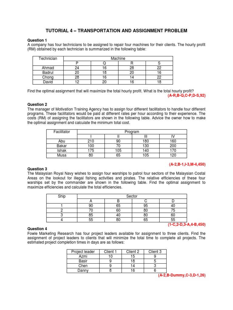 Tutorial 4 - Transportation and Assignment Problem: (A-R, B-Q, C-P, D-S ...