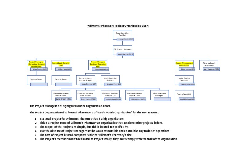 Wilmont's Pharmacy Project Organization Chart: Julie Green (JRG) | PDF ...