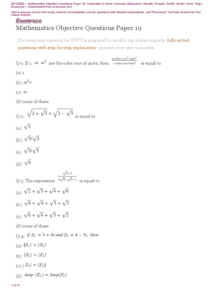 Mathematics Objective Questions Part 1 PDF | PDF | Maxima And Minima ...