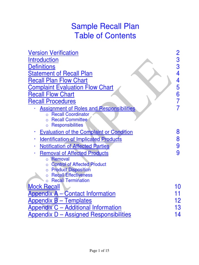 Sample Recall Plan: Assignment of Roles and Responsibilities | Download ...