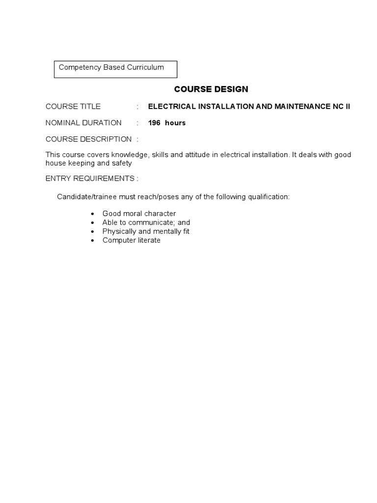 Course Design: Electrical Installation and Maintenance NC Ii 196 Hours ...