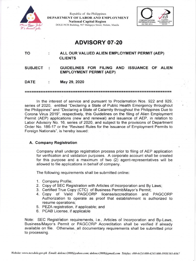 NCR Advisory 29 May 2020 - GUIDELINES FOR FILING AND ISSUANCE OF AEP ...