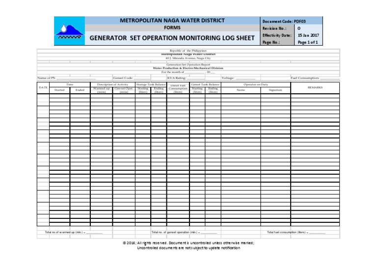 Pdf03-Generator Set Operation Monitoring Log Sheet | PDF | Manufactured ...