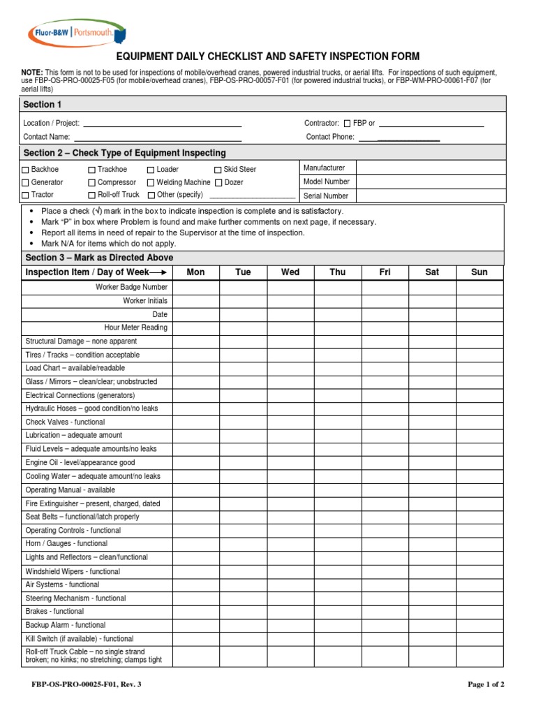 Section C, Exhibit 1 - Example Equipment Inspection Checklists | PDF ...