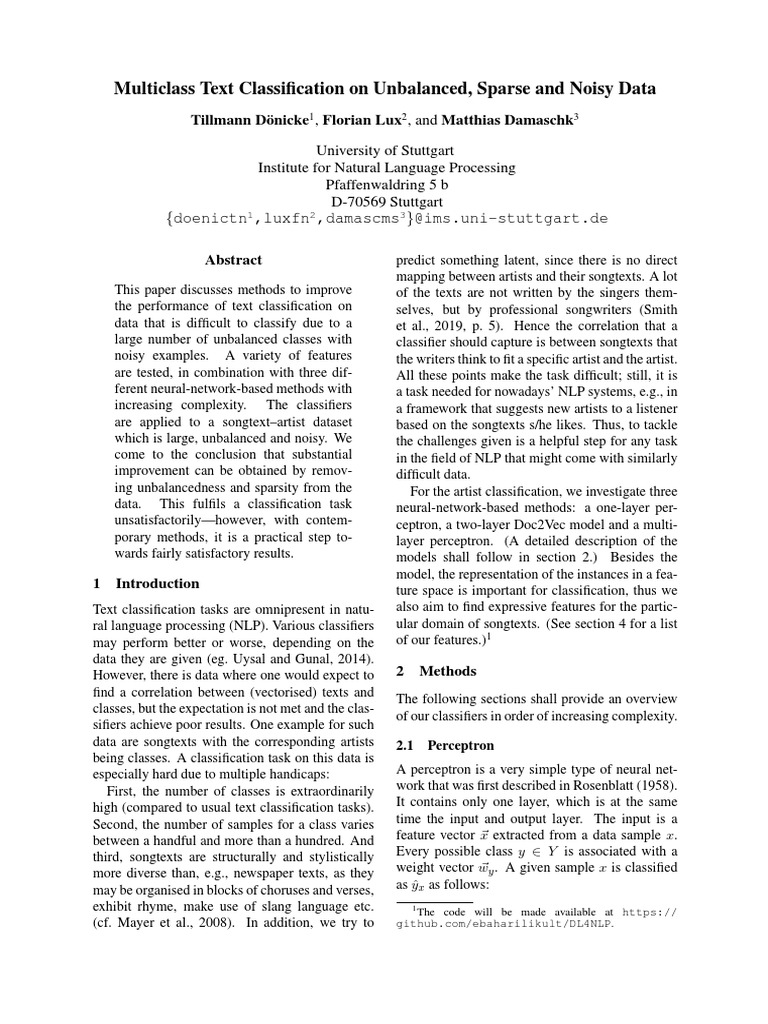 Multiclass Text Classification On Unbalanced, Sparse and Noisy Data | PDF | Artificial Neural ...
