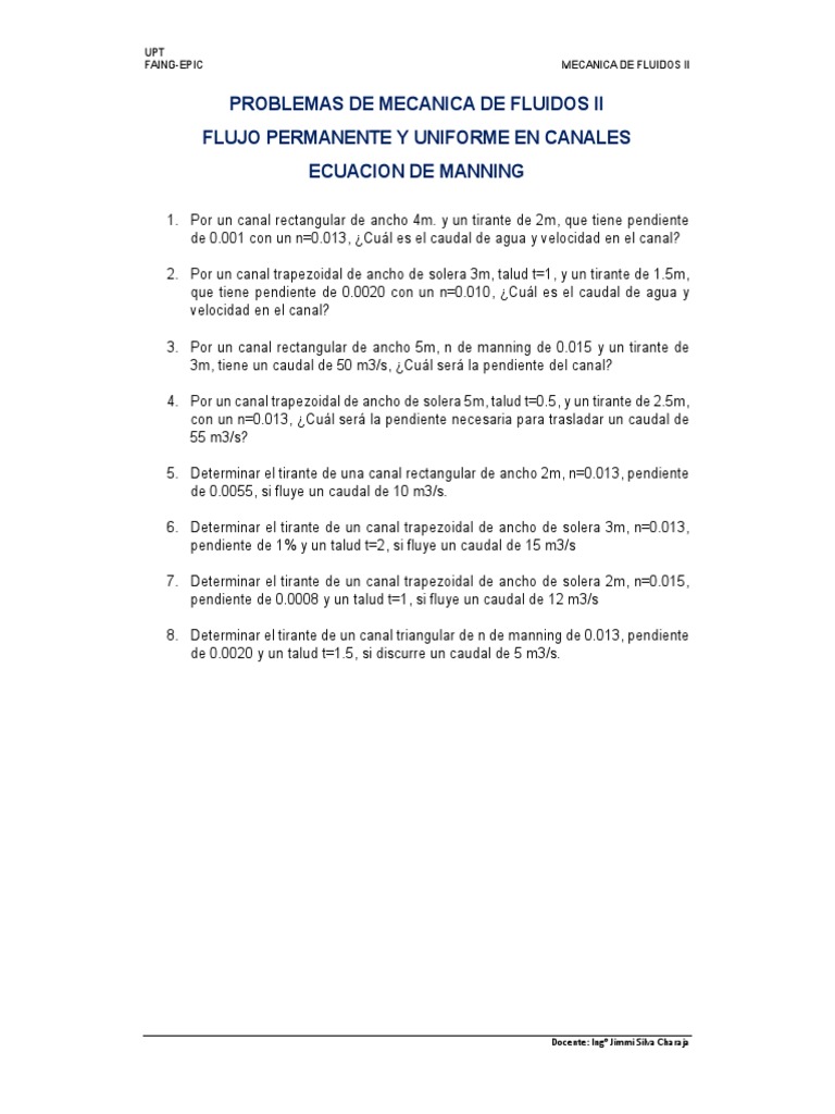 Ejercicios Flujo Permanente y Uniforme en Canales Parte 1 | PDF
