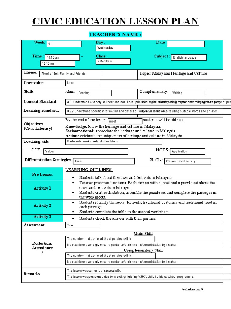 Civic Education Lesson Plan: Teacher'S Name | PDF | Lesson Plan | Teachers