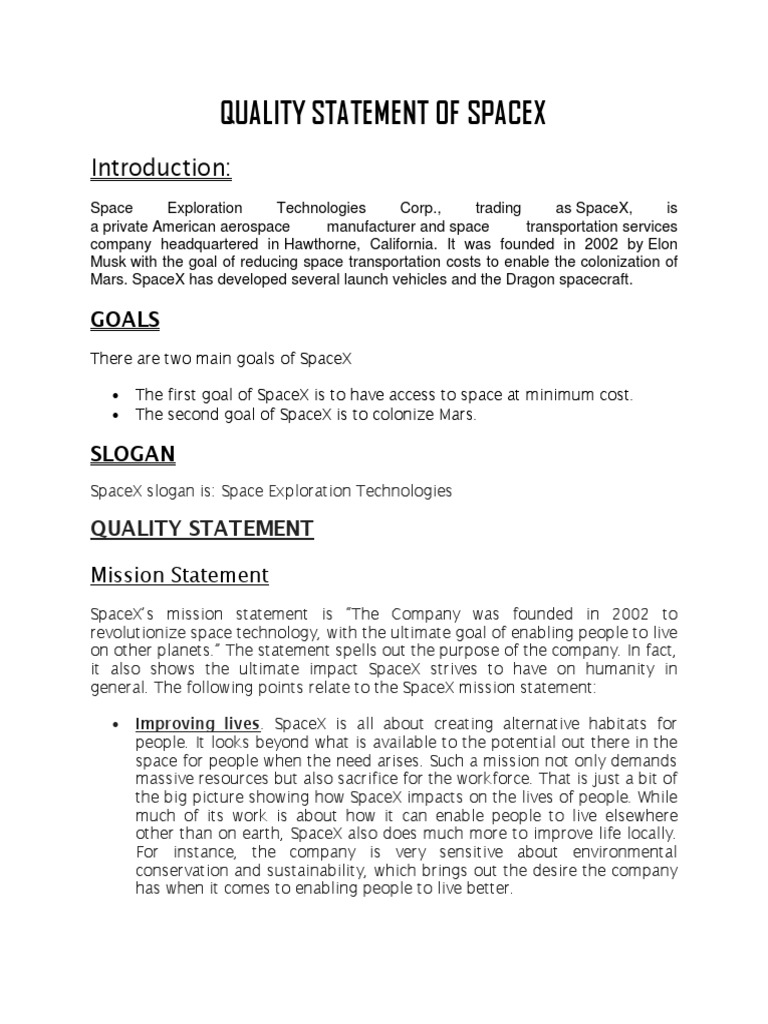Quality Statement of Spacex | PDF | Space X | Outer Space