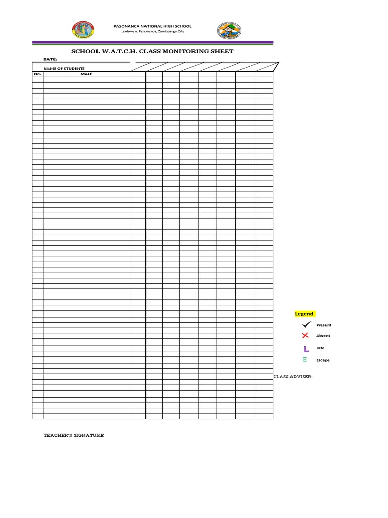 School W.A.T.C.H. Class Monitoring Sheet: Name of Students | PDF