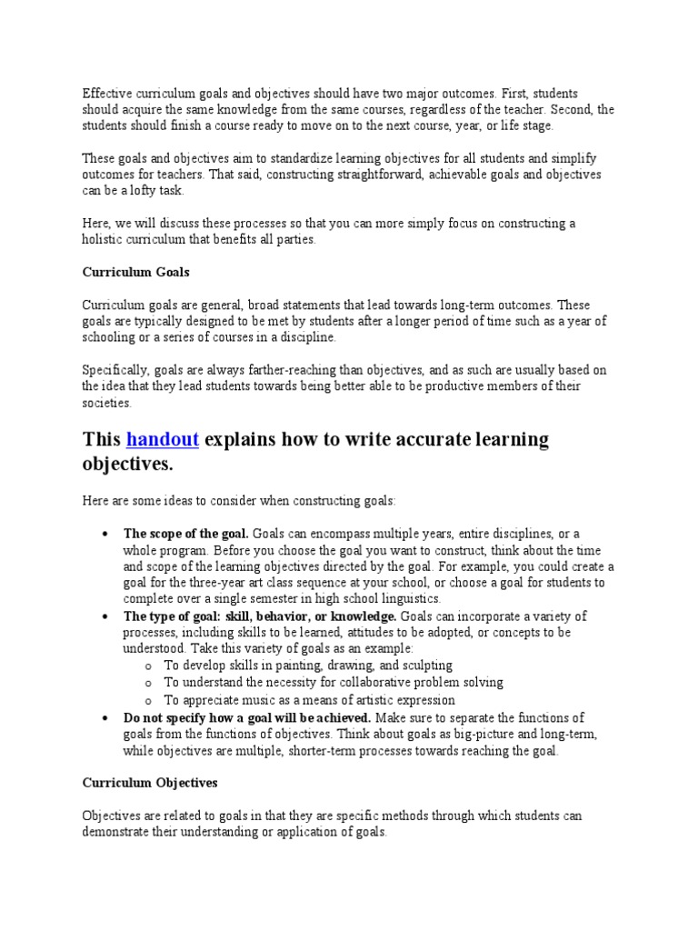 Handout: This Explains How To Write Accurate Learning Objectives | PDF ...