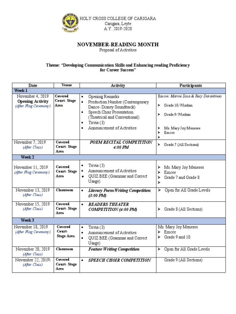 November Reading Month Activities Plan | PDF