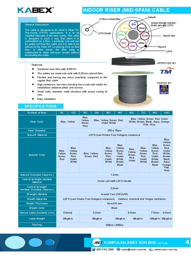 Indoor Riser (Mid-Span) Cable: Specifications | PDF | Green | Blue