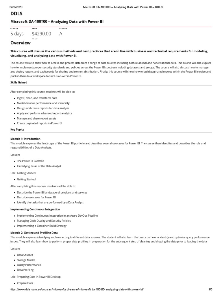 Microsoft DA-100T00 - Analyzing Data With Power BI - DDLS | PDF | Data ...