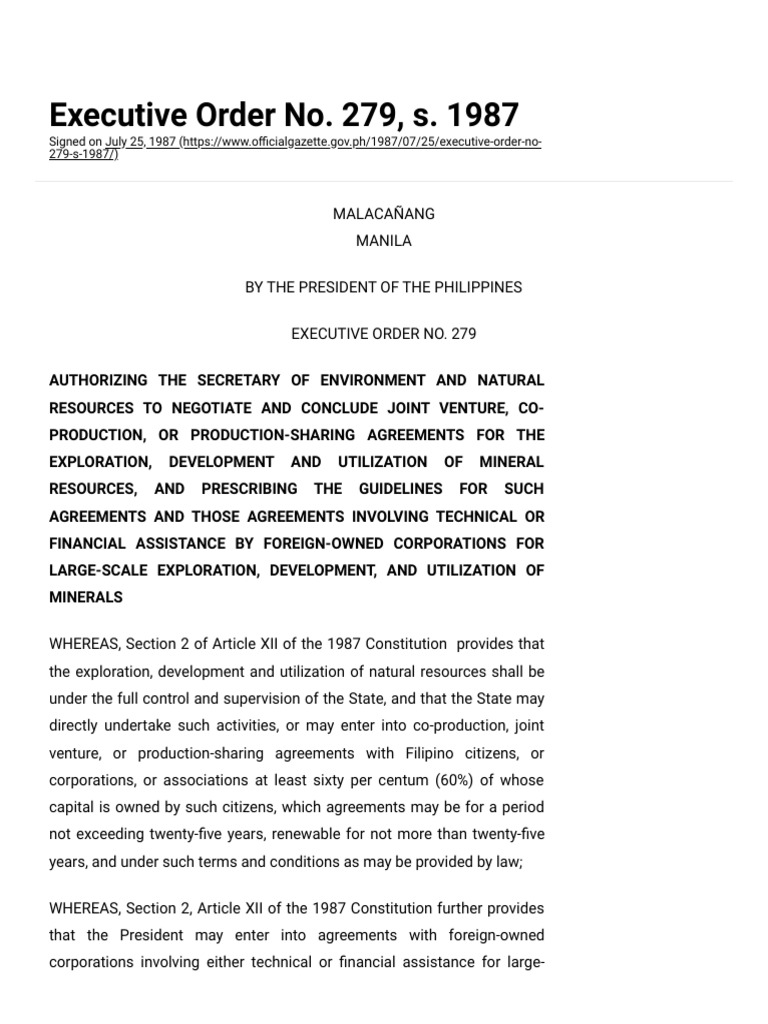 Executive Order No. 279, S. 1987 - Official Gazette of The Republic of The Philippines | PDF ...