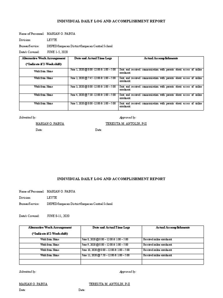 INDIVIDUAL-DAILY-LOG-AND-ACCOMPLISHMENT-REPORT-Pabua, Marian | PDF ...
