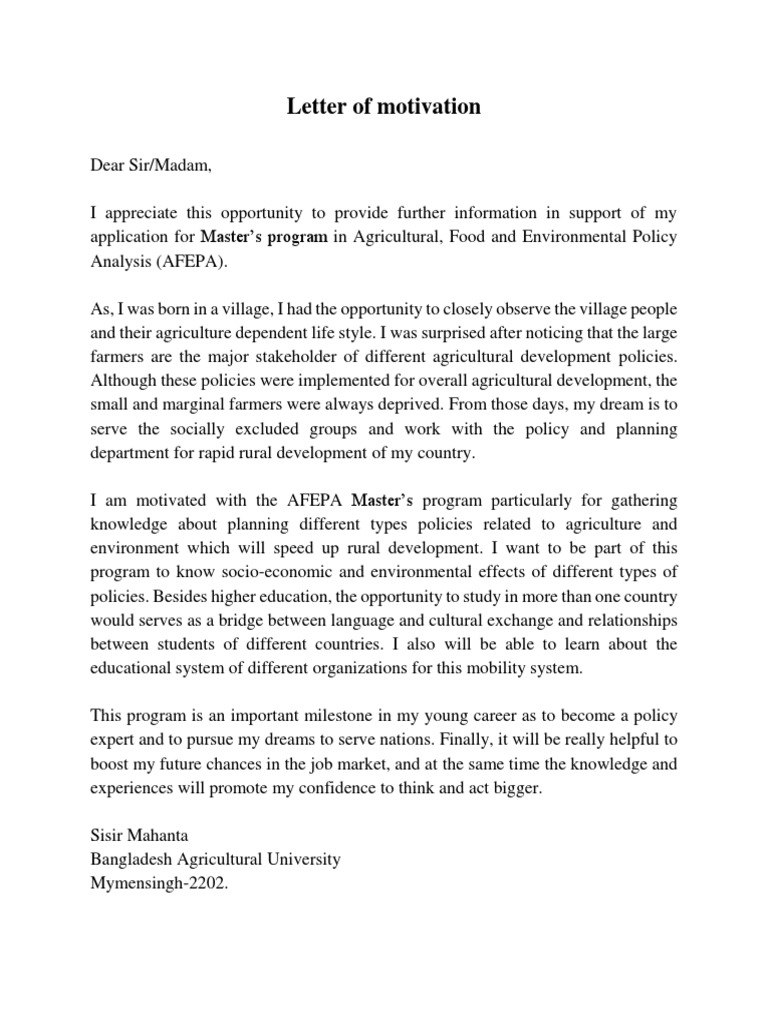Motivation Letter AFEPA Program Erasmus Mundus | PDF | Social Science | Technology & Engineering