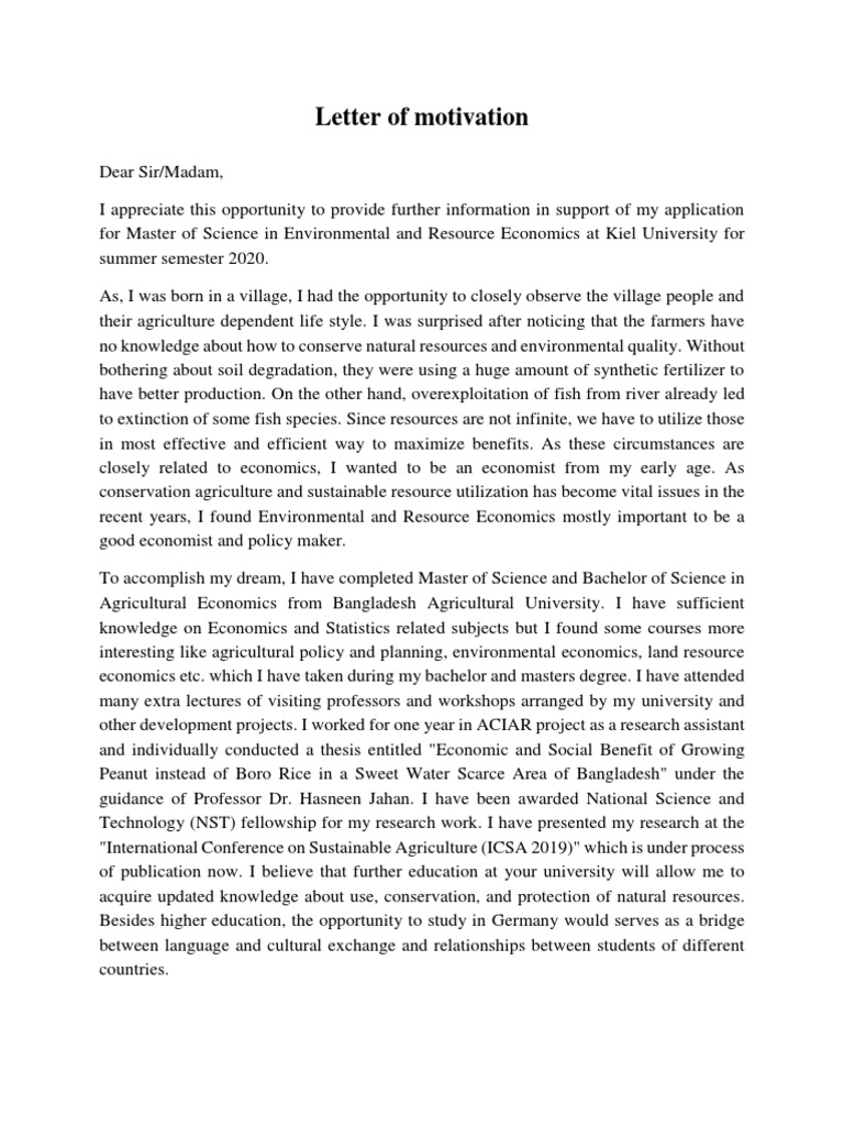 Letter of Motivation - Environmental and Resource Economics - Kiel ...