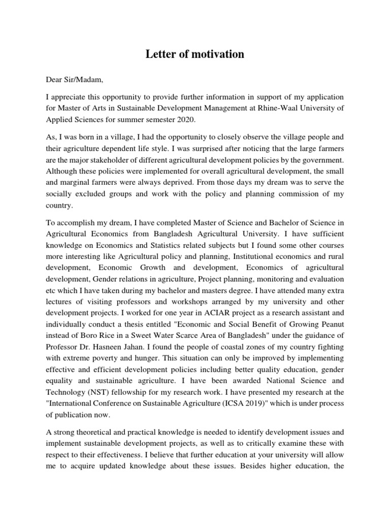 Letter of Motivation - Sustainable Development Management - HS Rhein ...