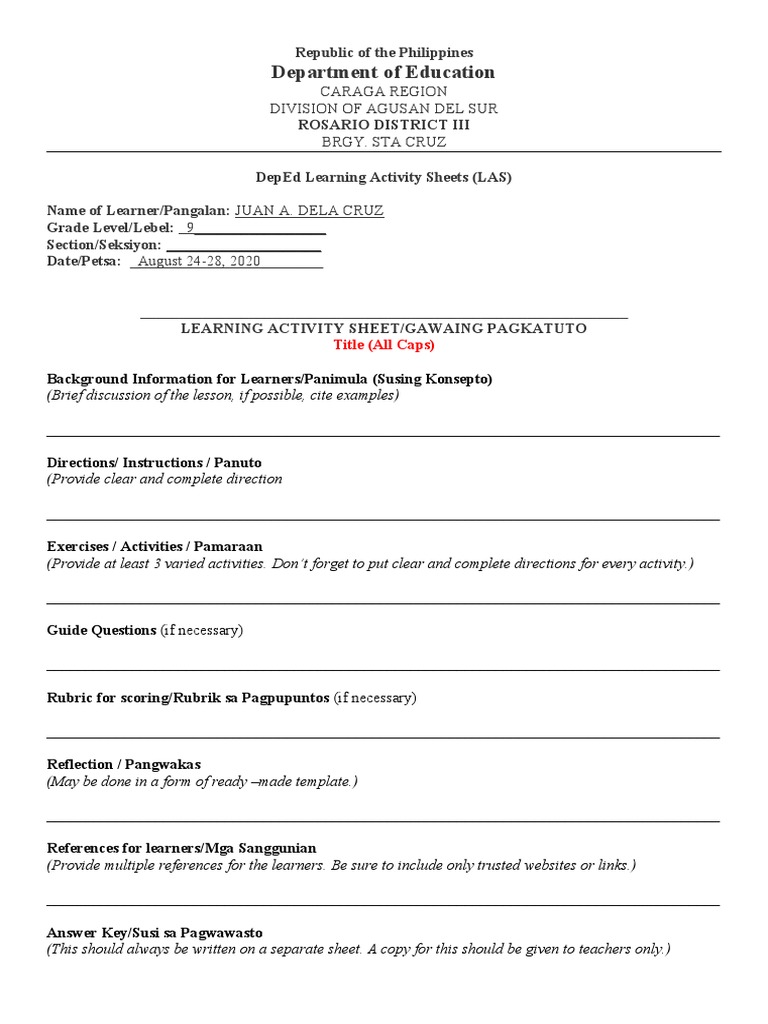 DepEd Learning Activity Sheets for Grade 9 Student Juan A. Dela Cruz on Various Exercises from ...