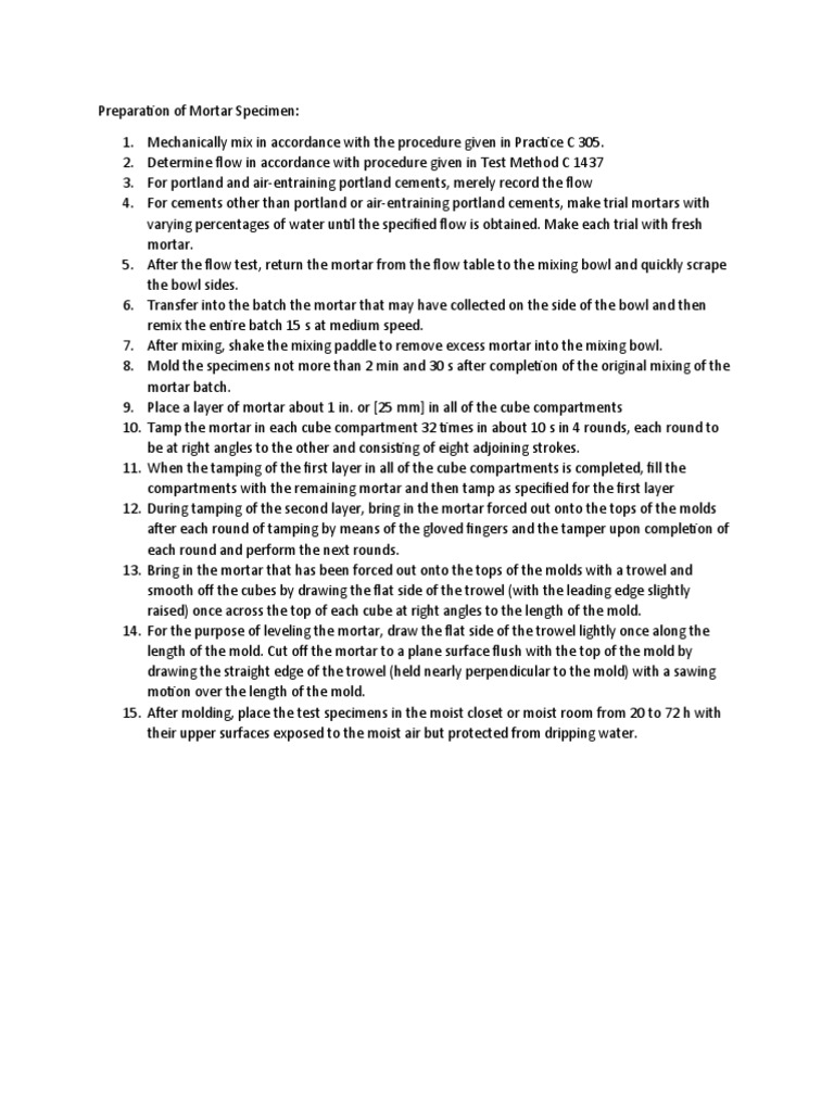 Preparation of Mortar Specimen | PDF | Mortar (Masonry) | Building ...