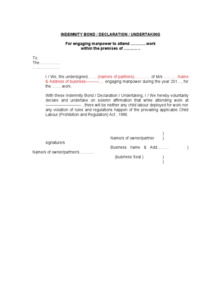 Indemnity Bond / Declaration / Undertaking For Engaging Manpower To Attend Work Within The ...
