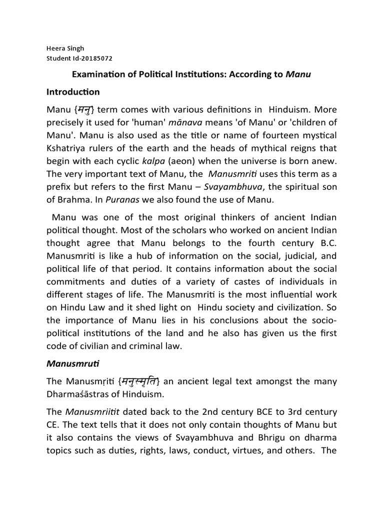 Political Thougt of Manu | PDF | Religion And Belief