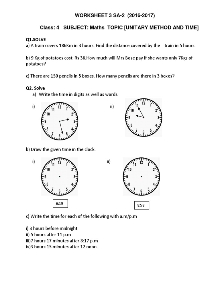 WORKSHEET 3 SA-2 (2016-2017) Class: 4 Subject: Maths Topic (Unitary ...