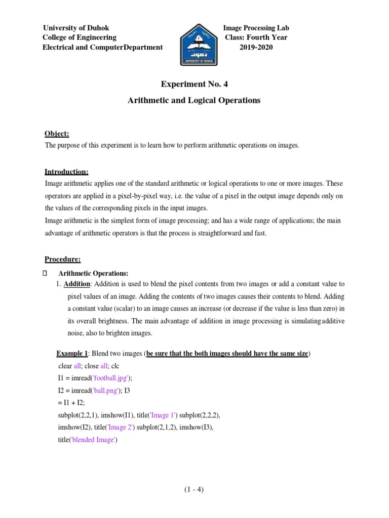Experiment No. 4 Arithmetic and Logical Operations | PDF | Multiplication | Computer Vision