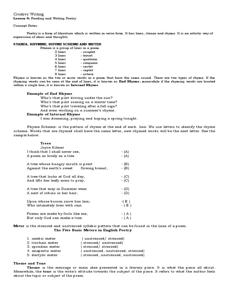 Creative Writing: Lesson 4: Reading and Writing Poetry | PDF | Sonnets ...