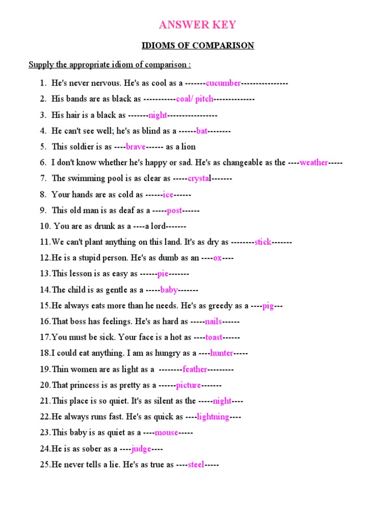 Idioms of Comparison Answer Key | PDF