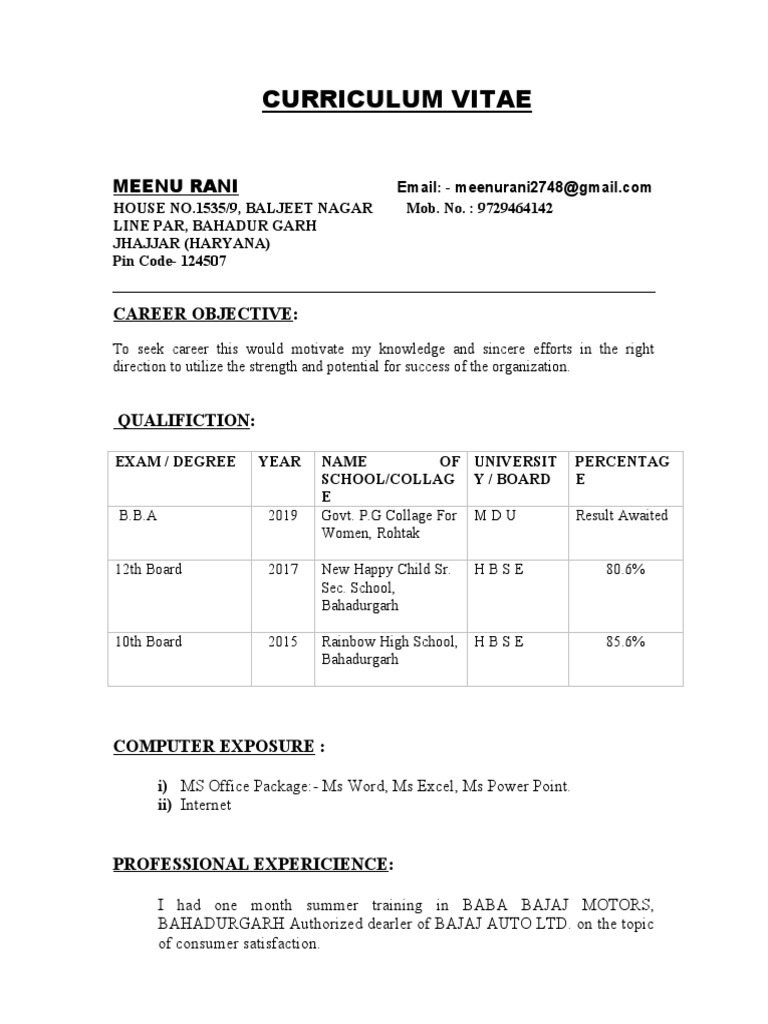 Curriculum Vitae: Meenu Rani | PDF