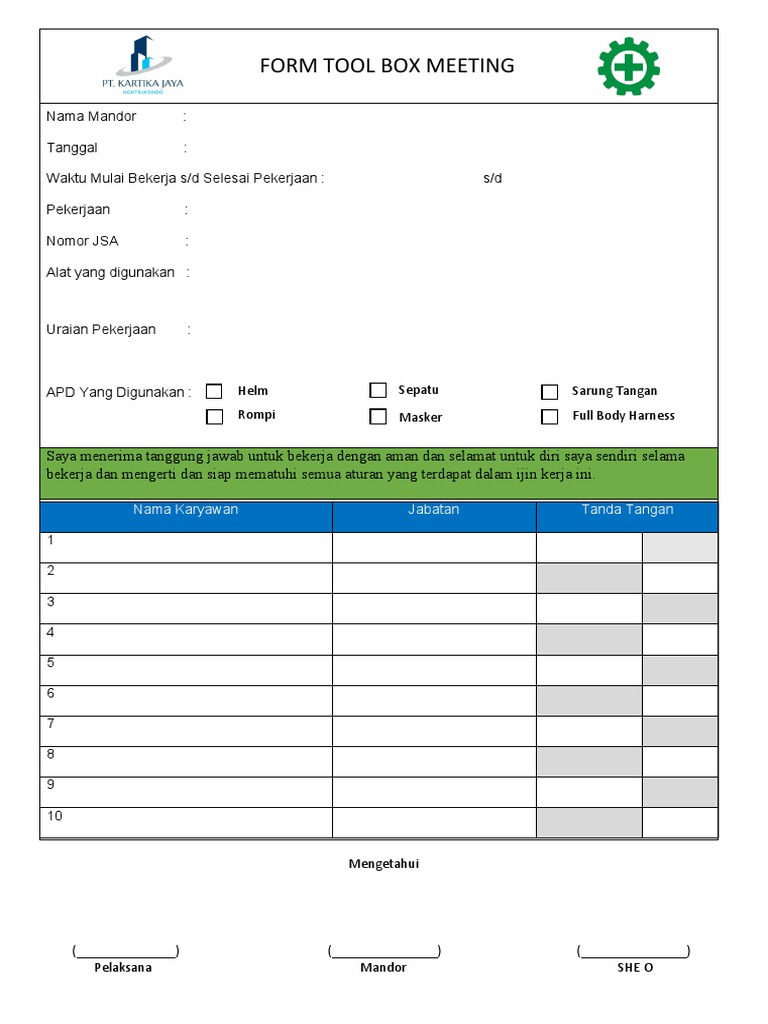 FORM TOOL BOX MEETING - Out | PDF