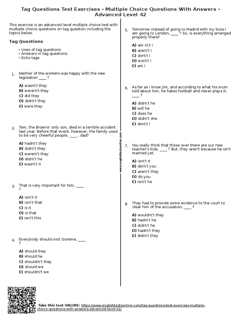 Tag Questions Test Exercises Multiple Choice Questions | PDF