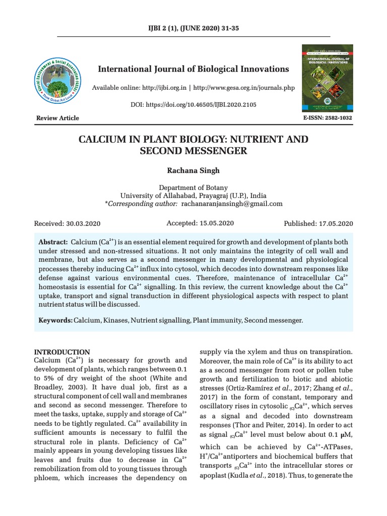 Calcium in Plant Biology: Nutrient and Second Messenger | PDF | Calcium ...
